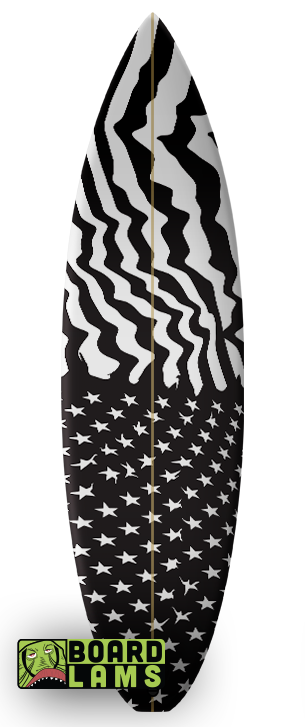 Surfboard graphics, decals printed on rice paper and fiberglass.